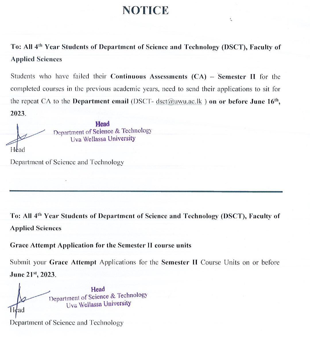 Student Notices | Uva Wellassa University