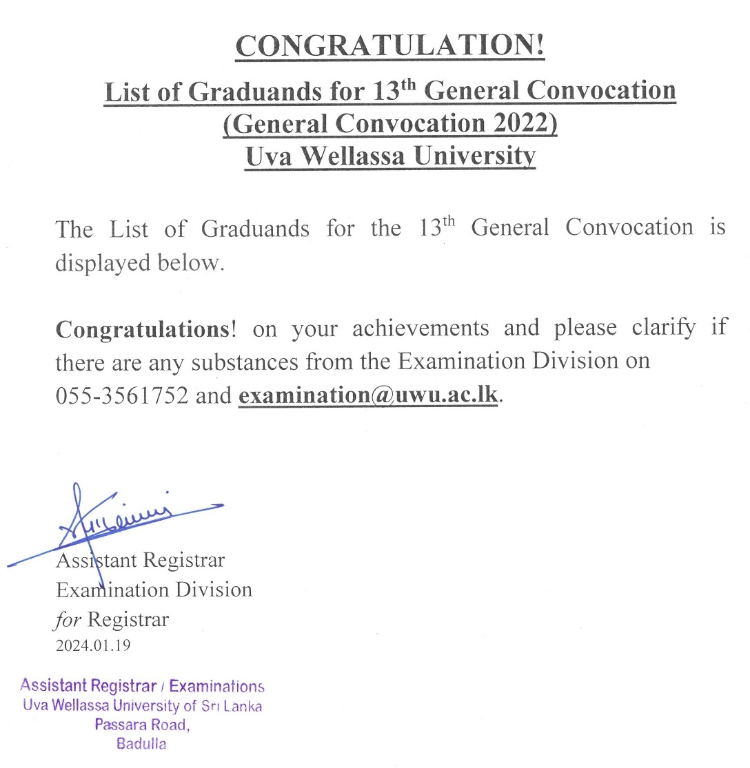 Student Notices | Uva Wellassa University