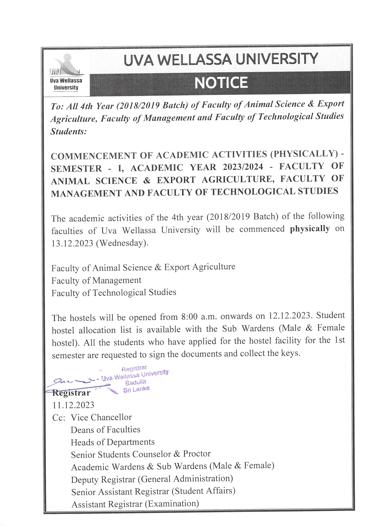 Student Notices | Uva Wellassa University