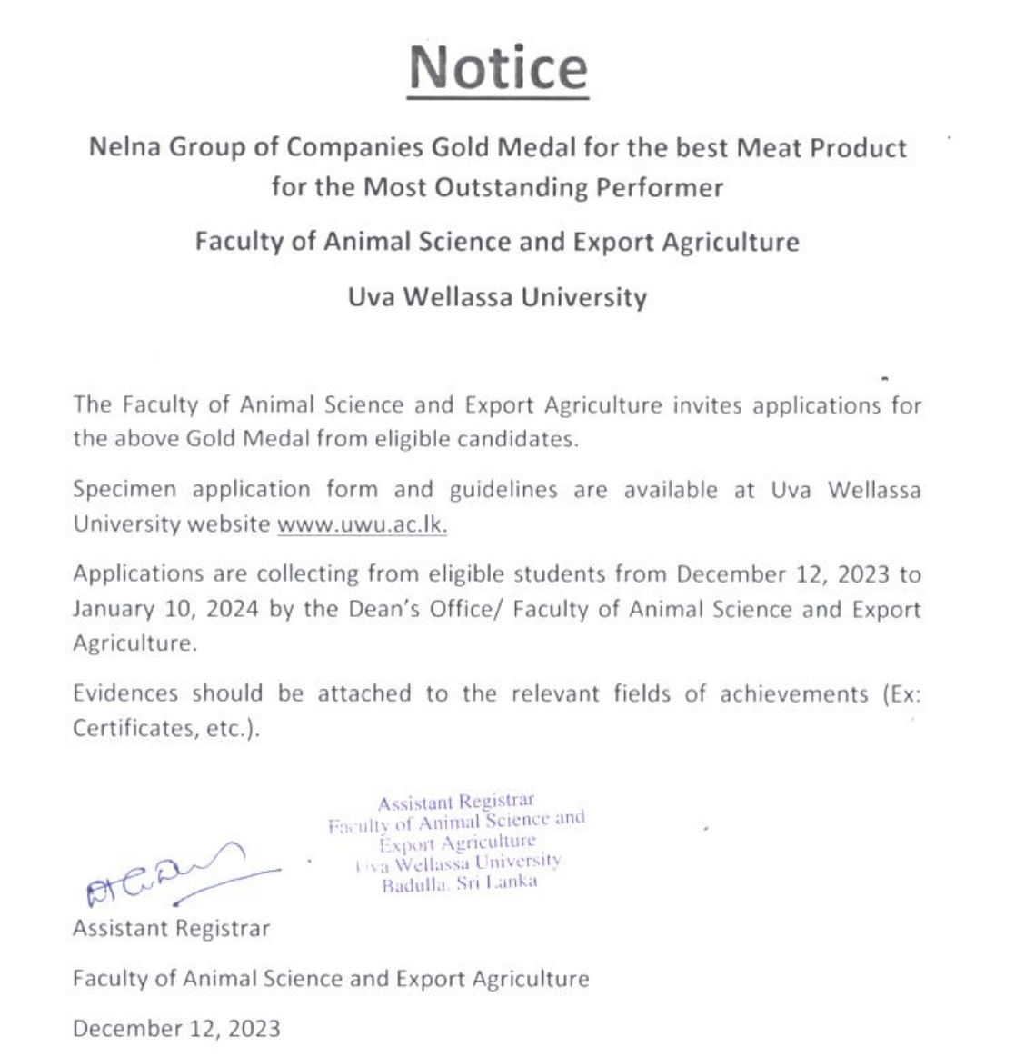 Student Notices | Uva Wellassa University