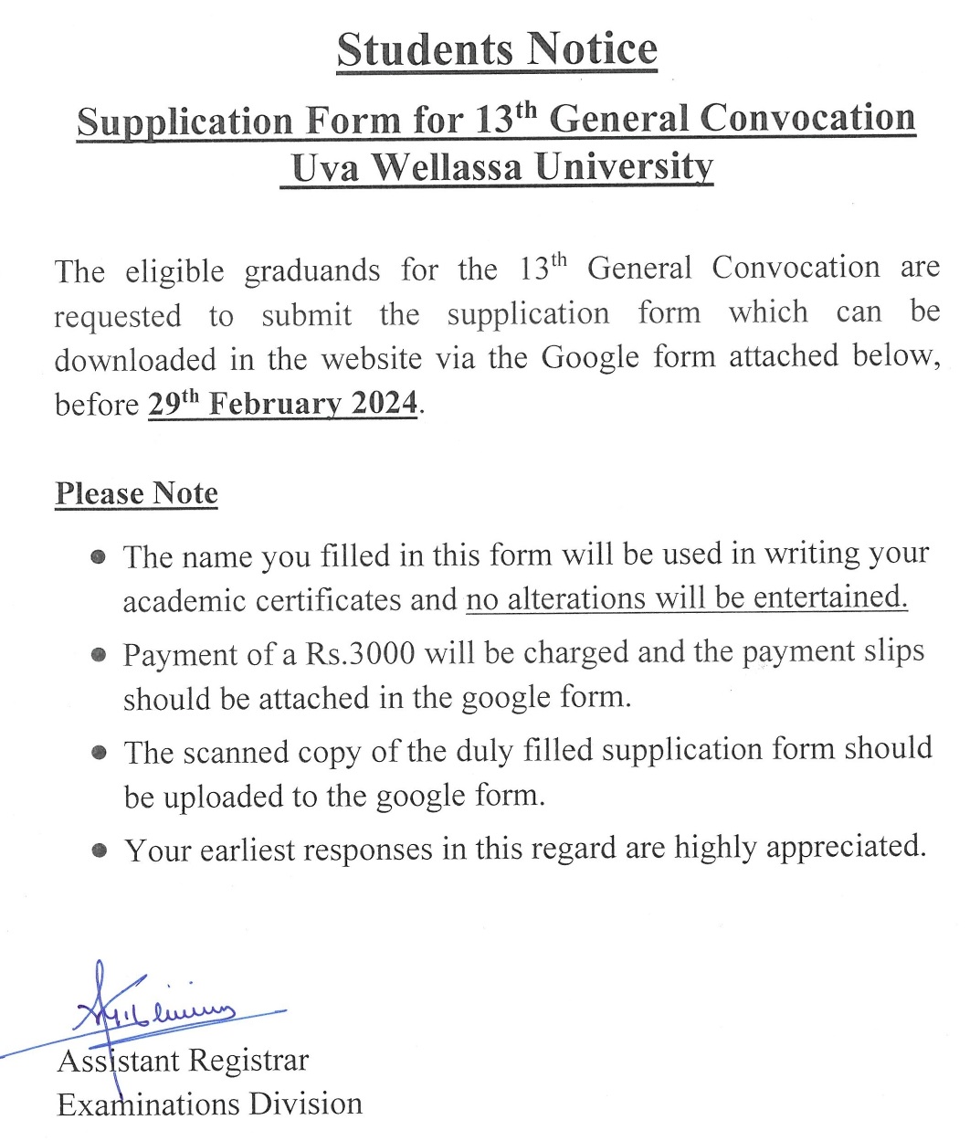 Student Notices | Uva Wellassa University