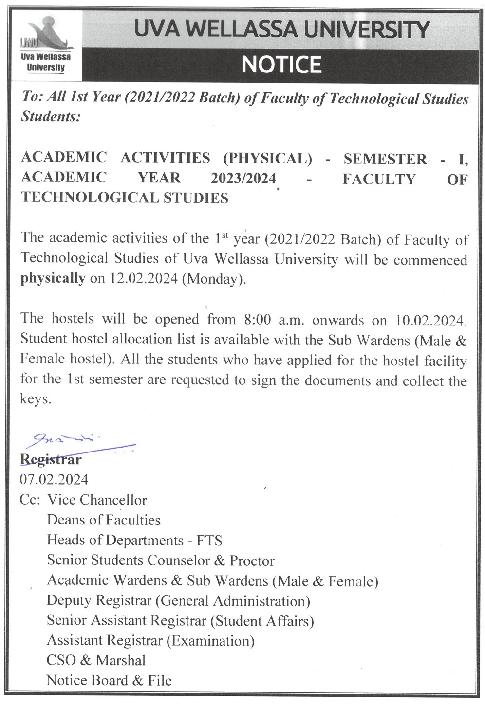 Student Notices | Uva Wellassa University