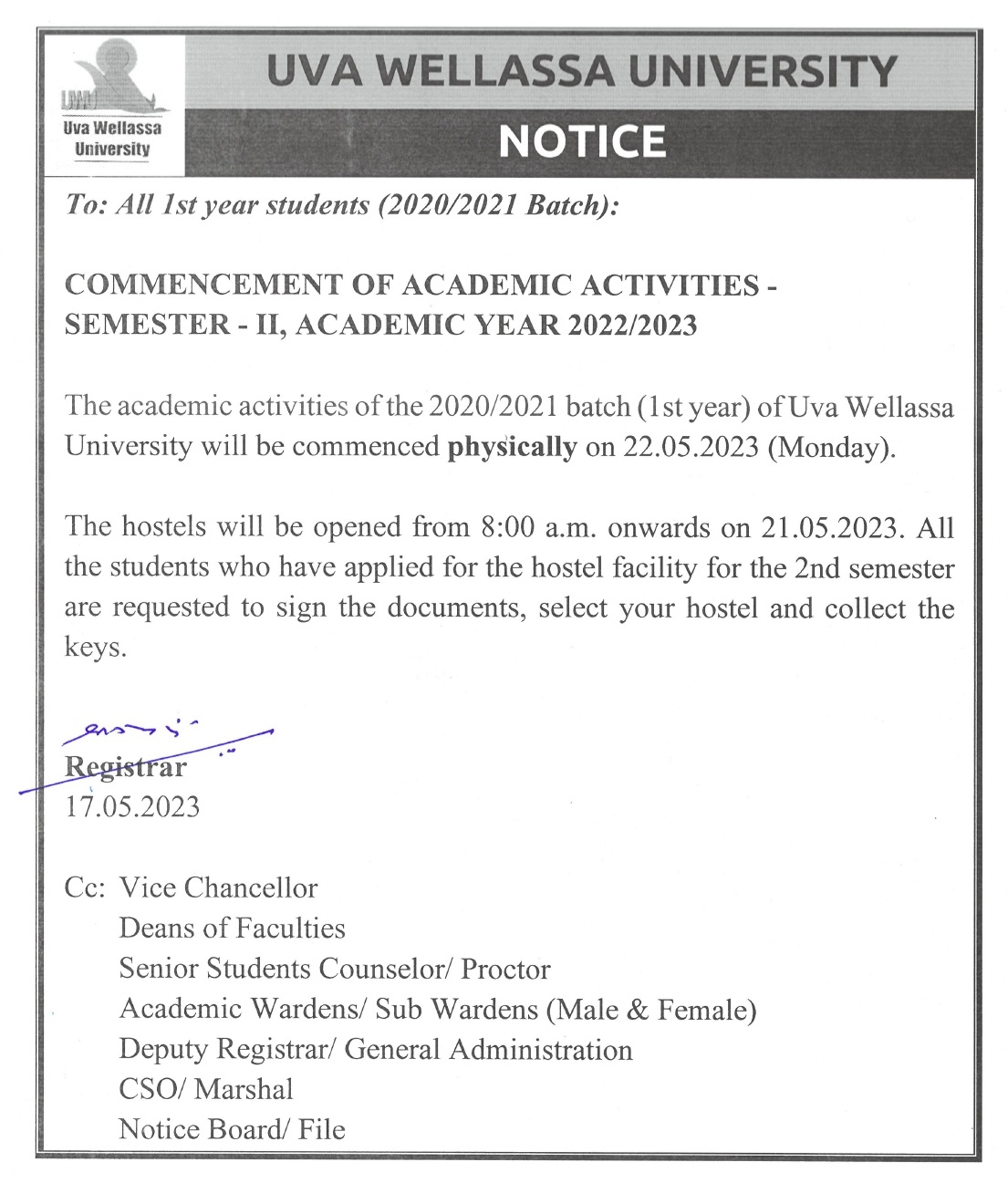 Student Notices | Uva Wellassa University