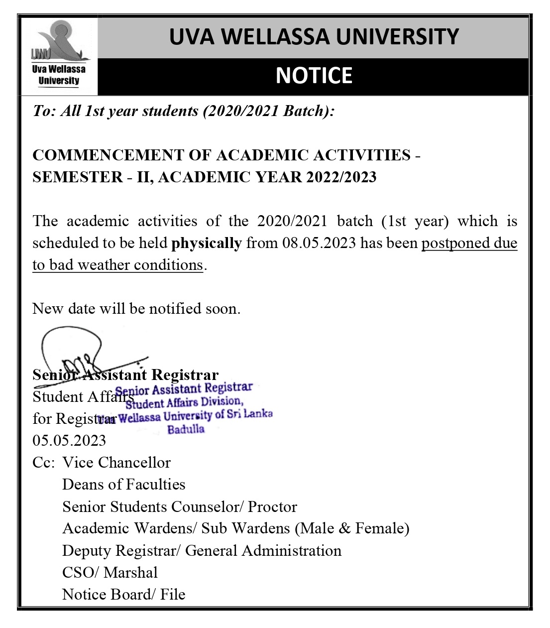 Student Notices | Uva Wellassa University