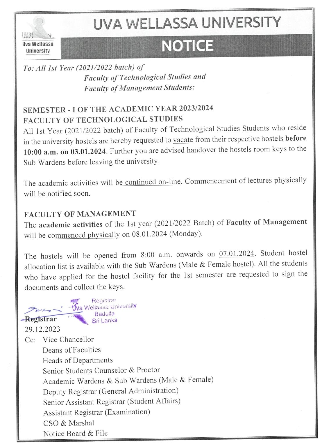 Student Notices | Uva Wellassa University