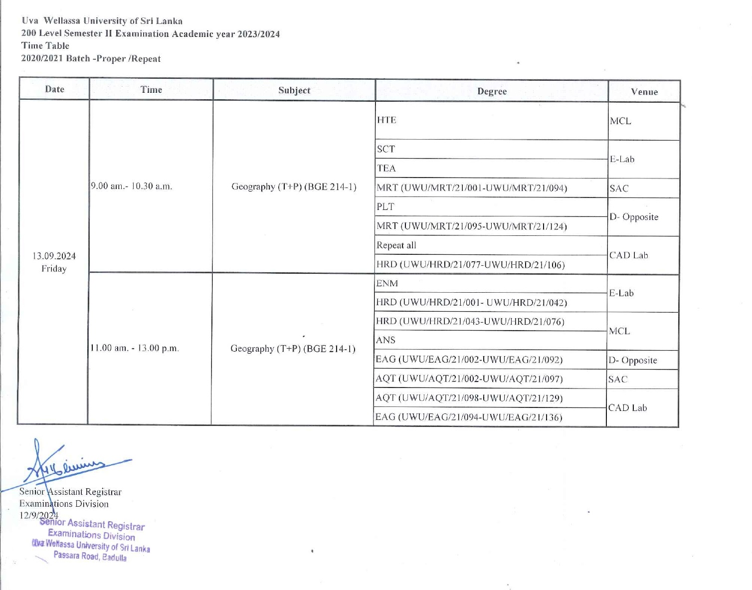 Student Notices | Uva Wellassa University