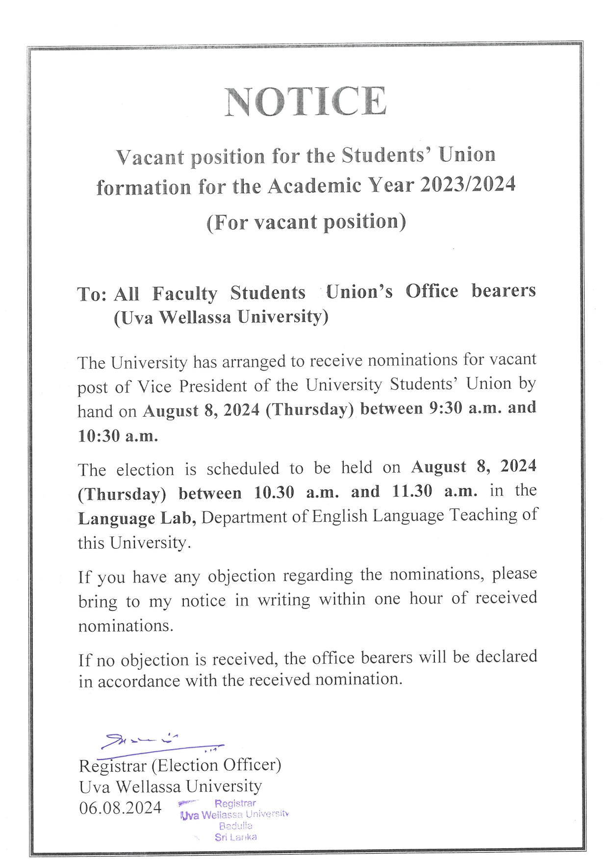 Student Notices | Uva Wellassa University