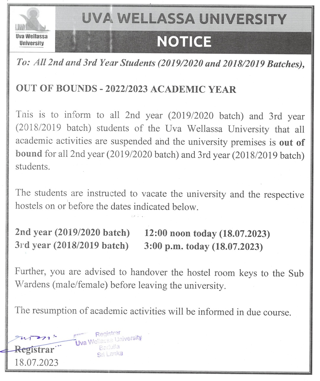 Student Notices | Uva Wellassa University