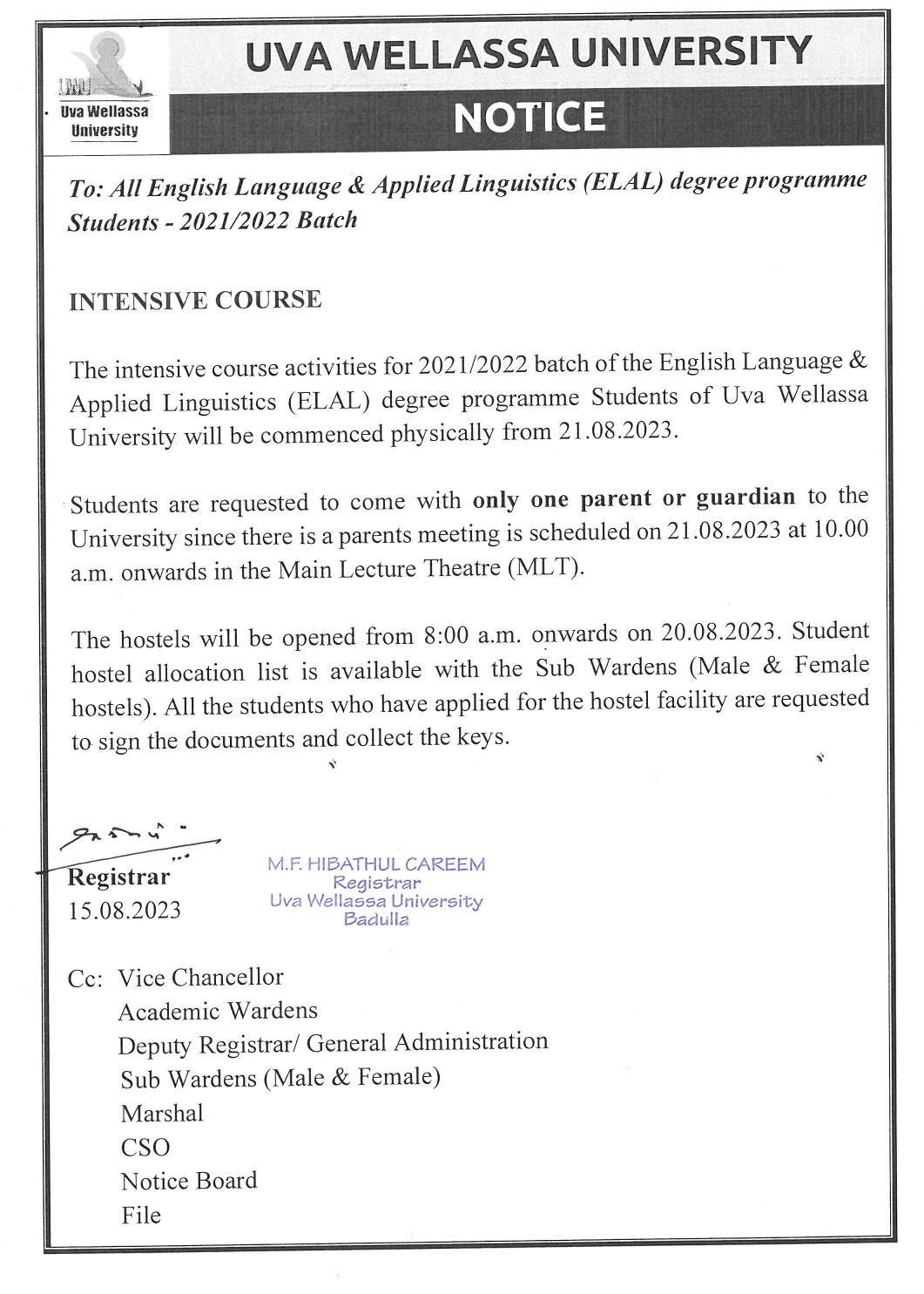 Student Notices | Uva Wellassa University