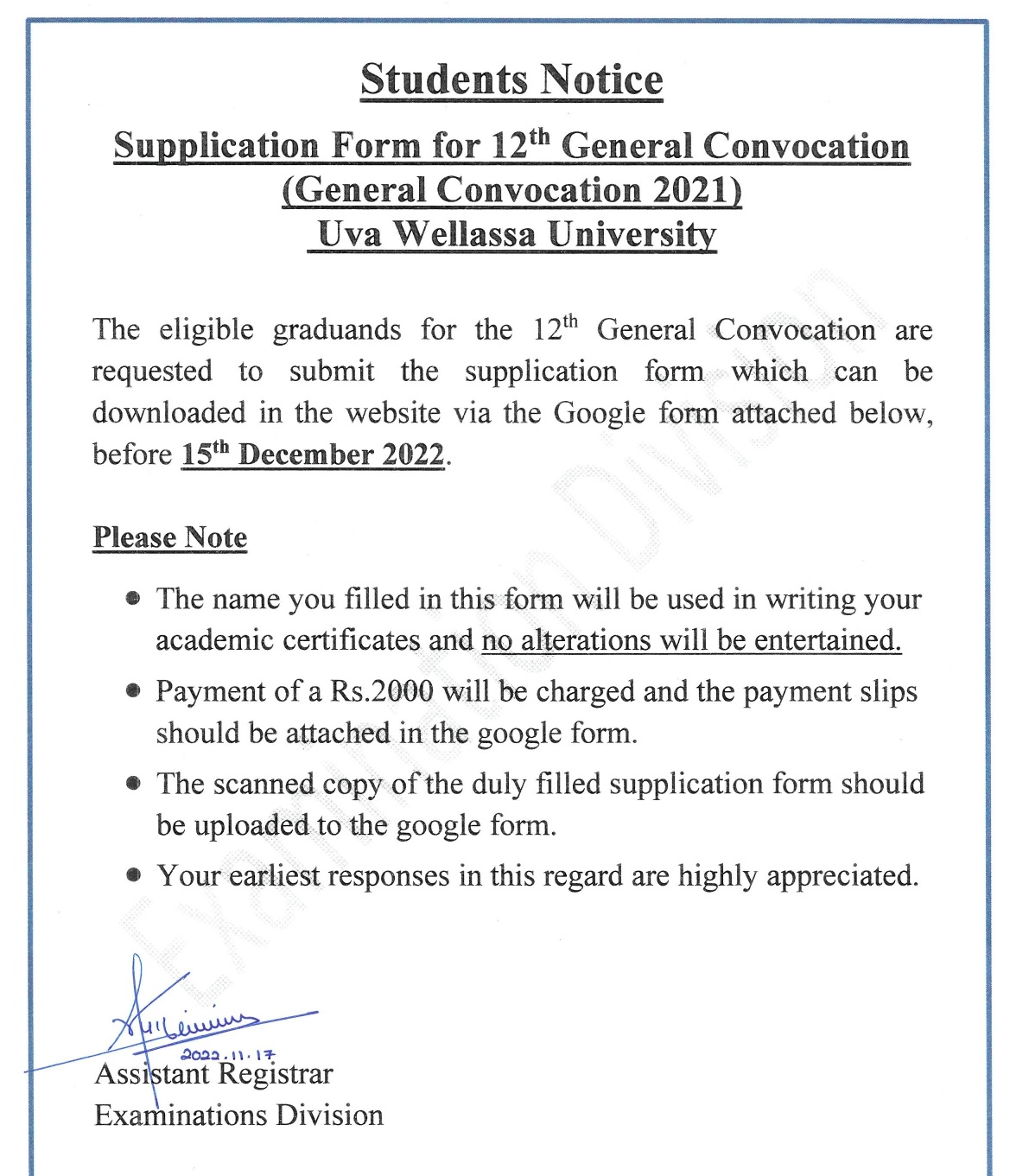 Student Notices | Uva Wellassa University