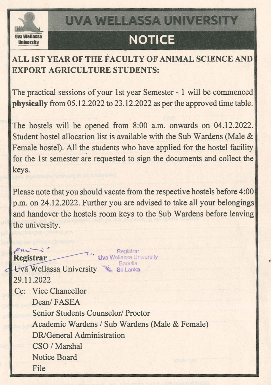 Student Notices | Uva Wellassa University