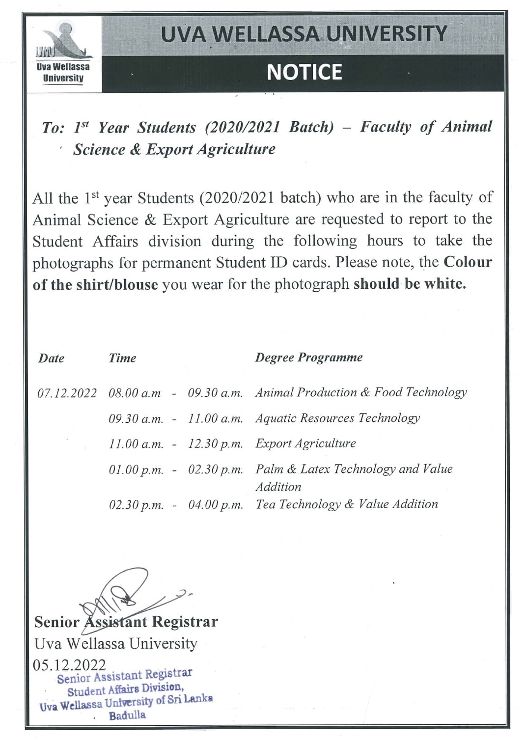 Student Notices | Uva Wellassa University