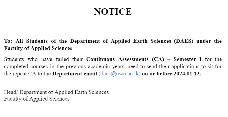 Student Notices | Uva Wellassa University
