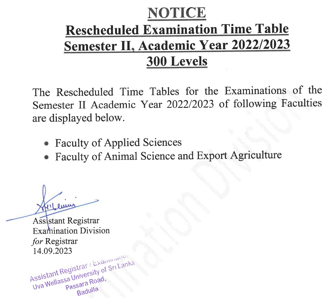 Student Notices | Uva Wellassa University