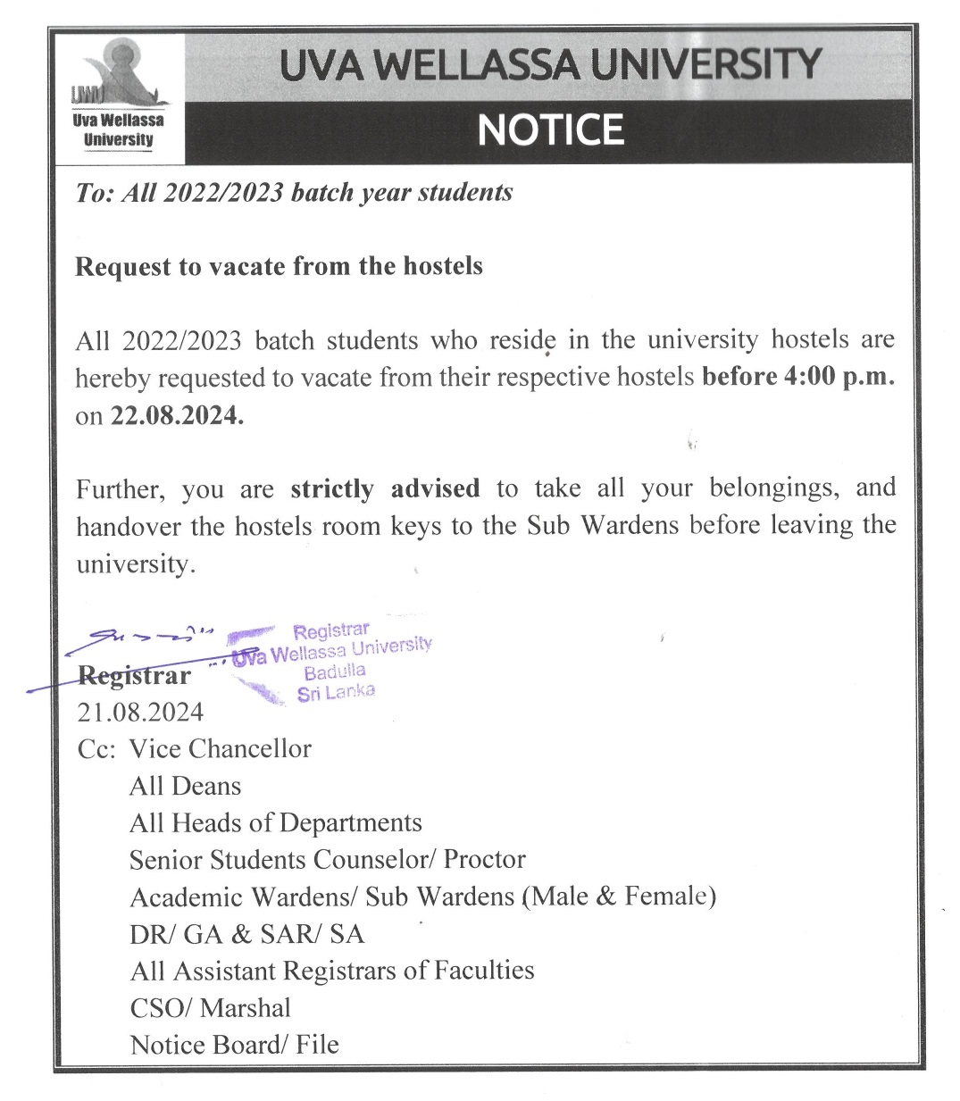 Student Notices | Uva Wellassa University