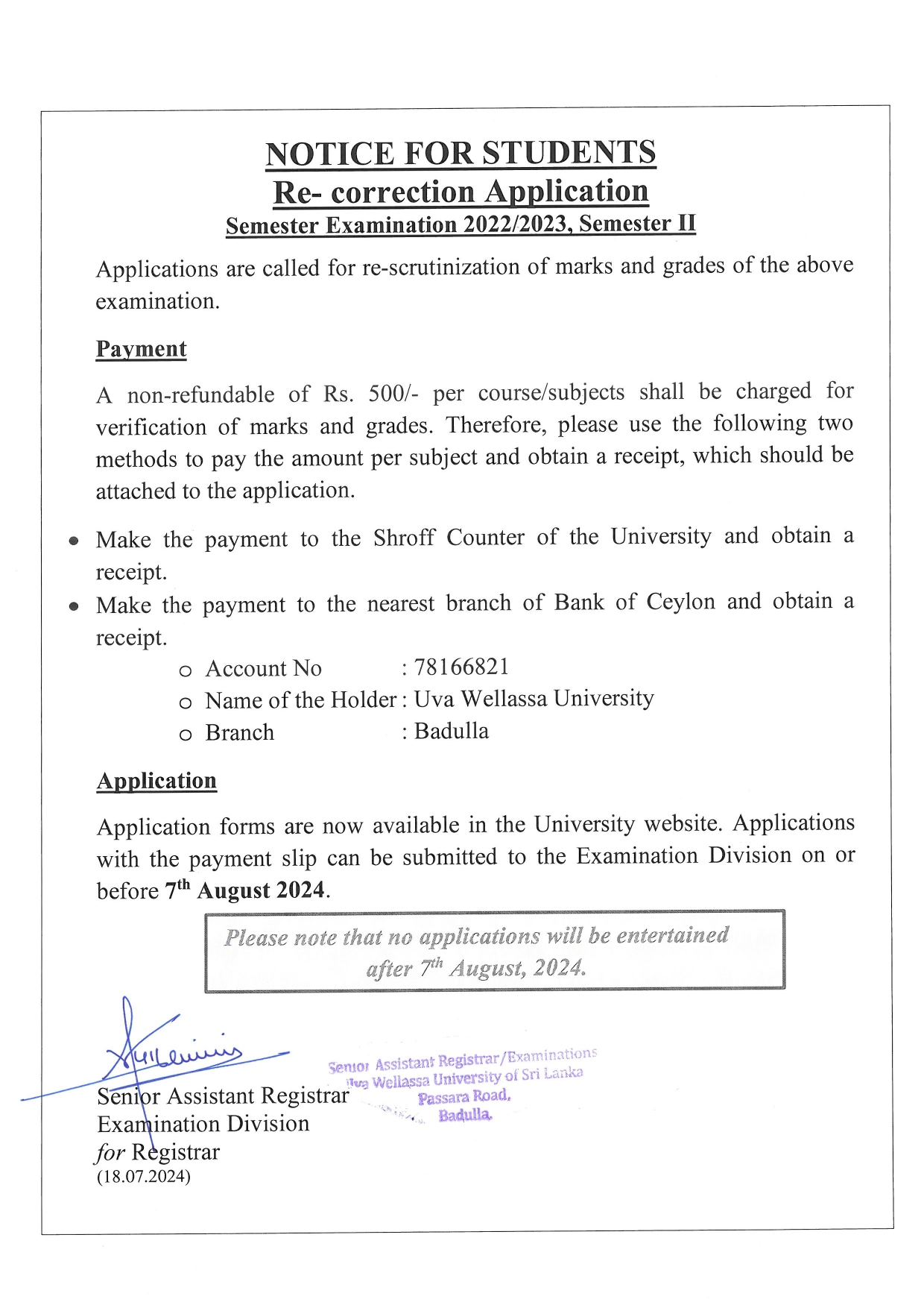 Student Notices | Uva Wellassa University