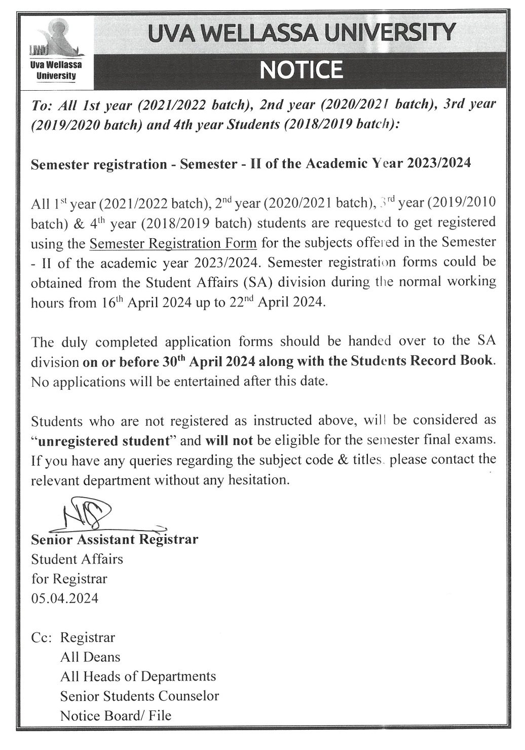 Student Notices | Uva Wellassa University