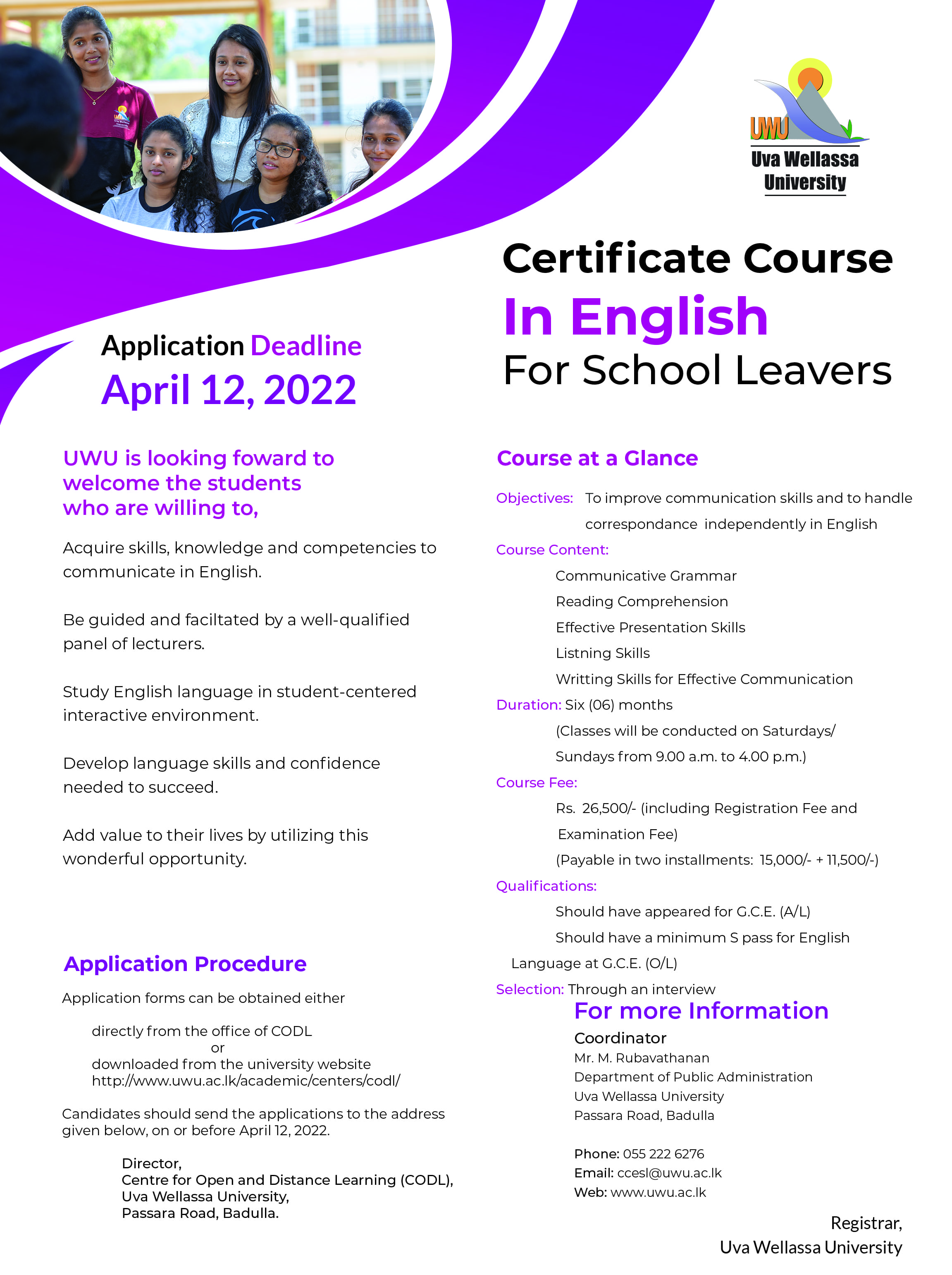 Centre for Open and Distance Learning (CODL) | Uva Wellassa University